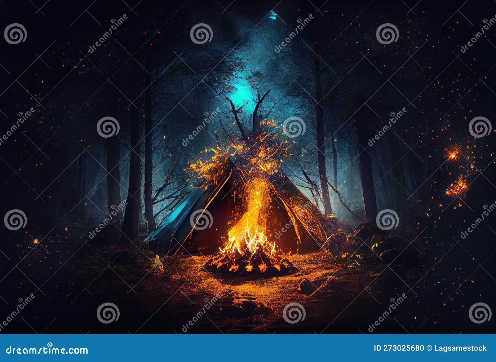 Campfire in the Dark Forest. Camping and Leisure Hobbies Activities ...