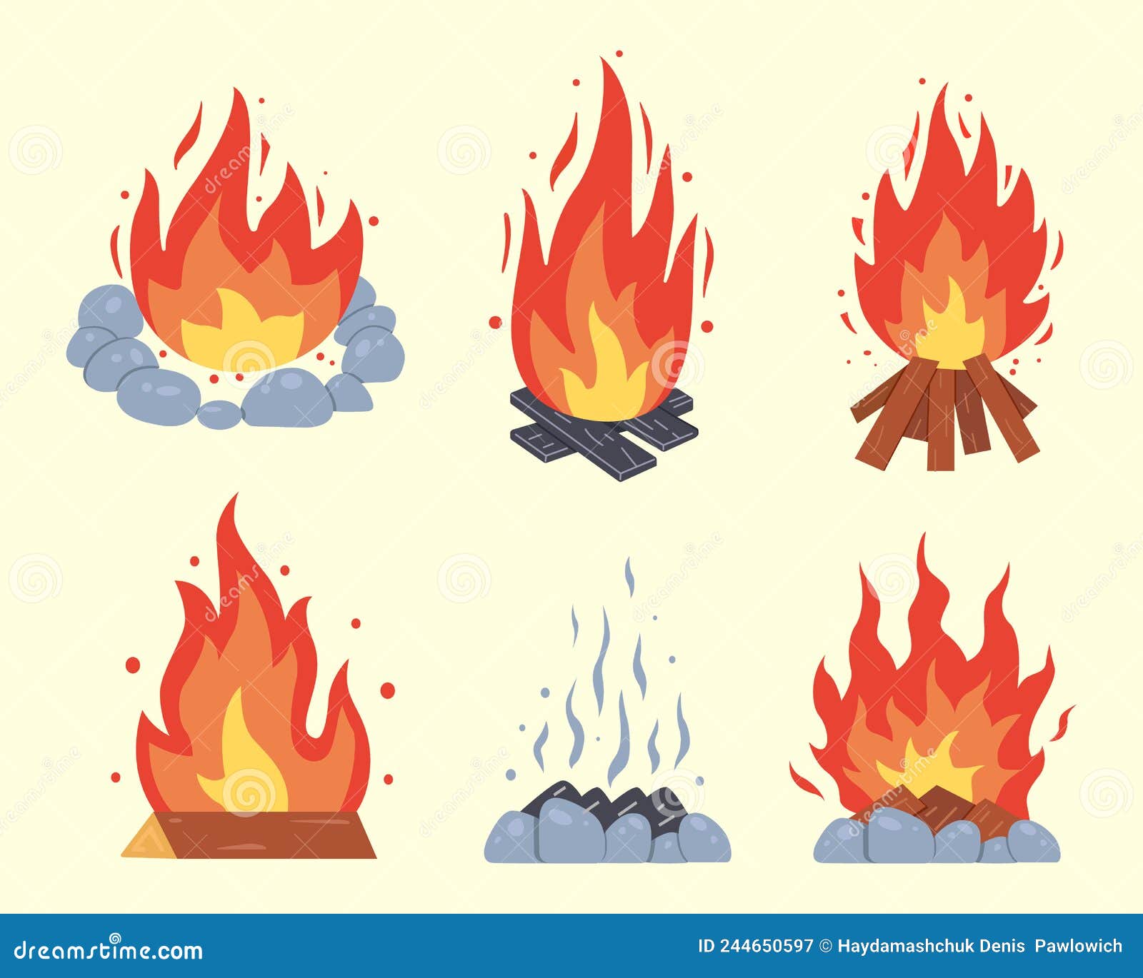 Campfire Different Types. Vector Burning Bonfire Frames. Camping Fire ...