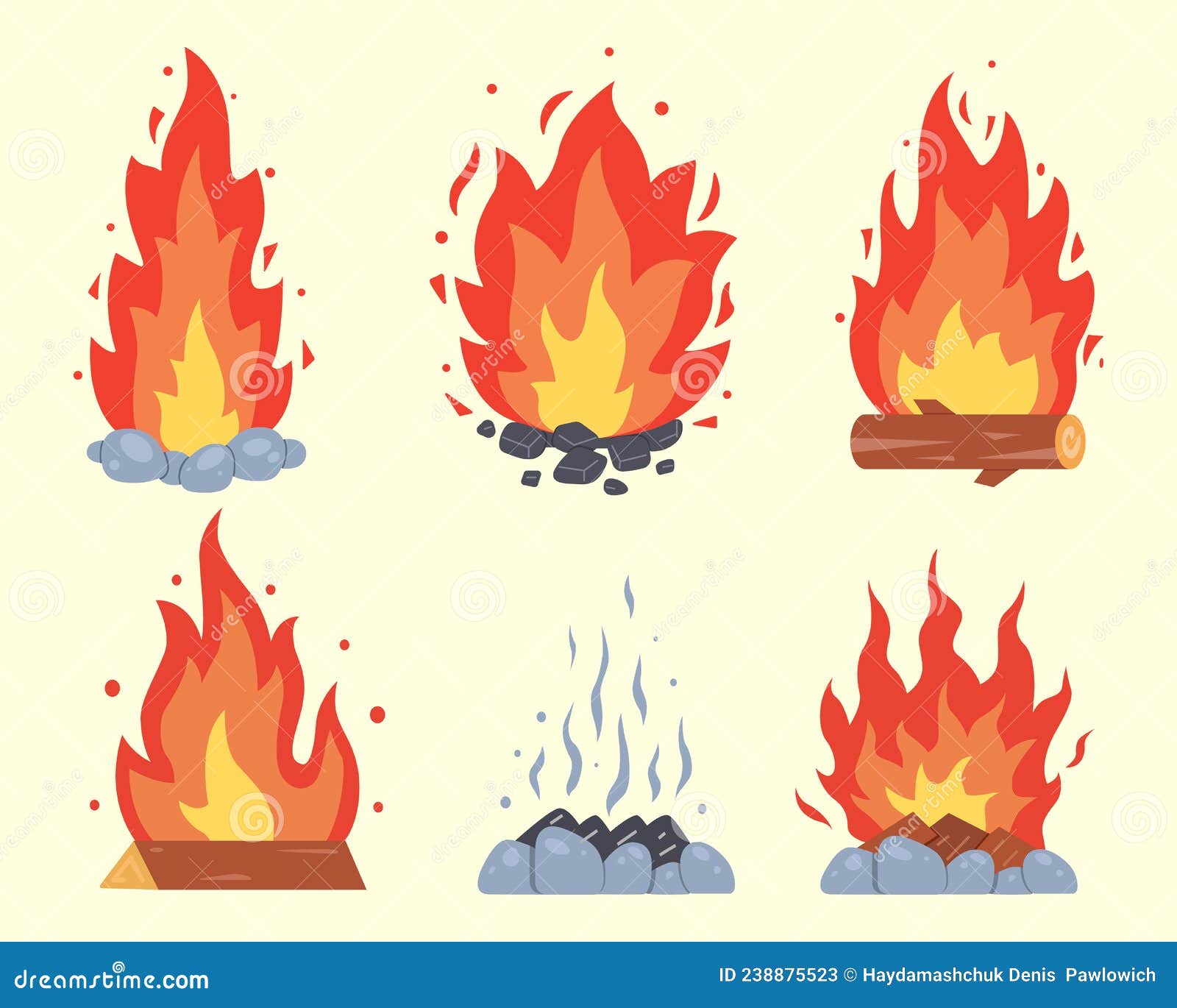 Campfire Different Types. Vector Burning Bonfire Frames. Camping Fire ...