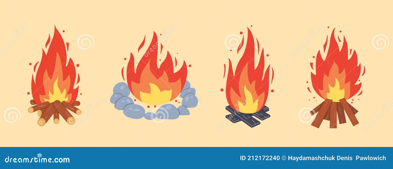 Campfire Different Types. Vector Burning Bonfire Frames. Camping Fire ...