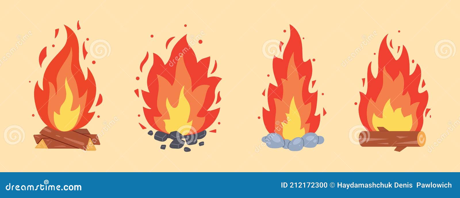 Campfire Different Types. Vector Burning Bonfire Frames. Camping Fire ...