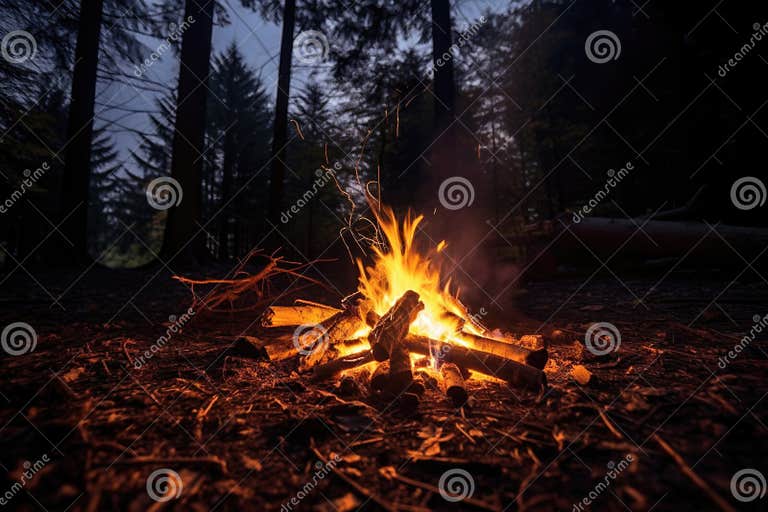 A Campfire Dying Out with the Dark Forest in the Background Stock Photo ...