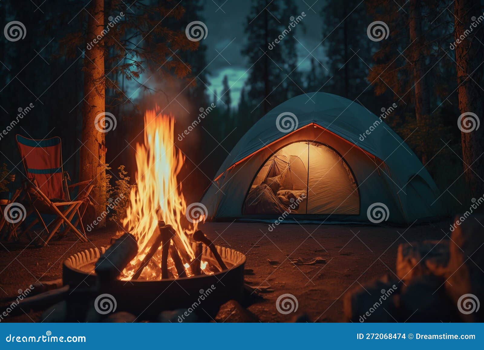 Campfire Evening Fire in Nature in a Tent, Active Rest Generative AI ...