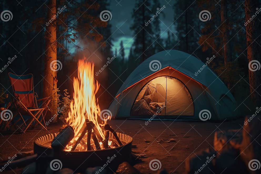 Campfire Evening Fire in Nature in a Tent, Active Rest Generative AI ...