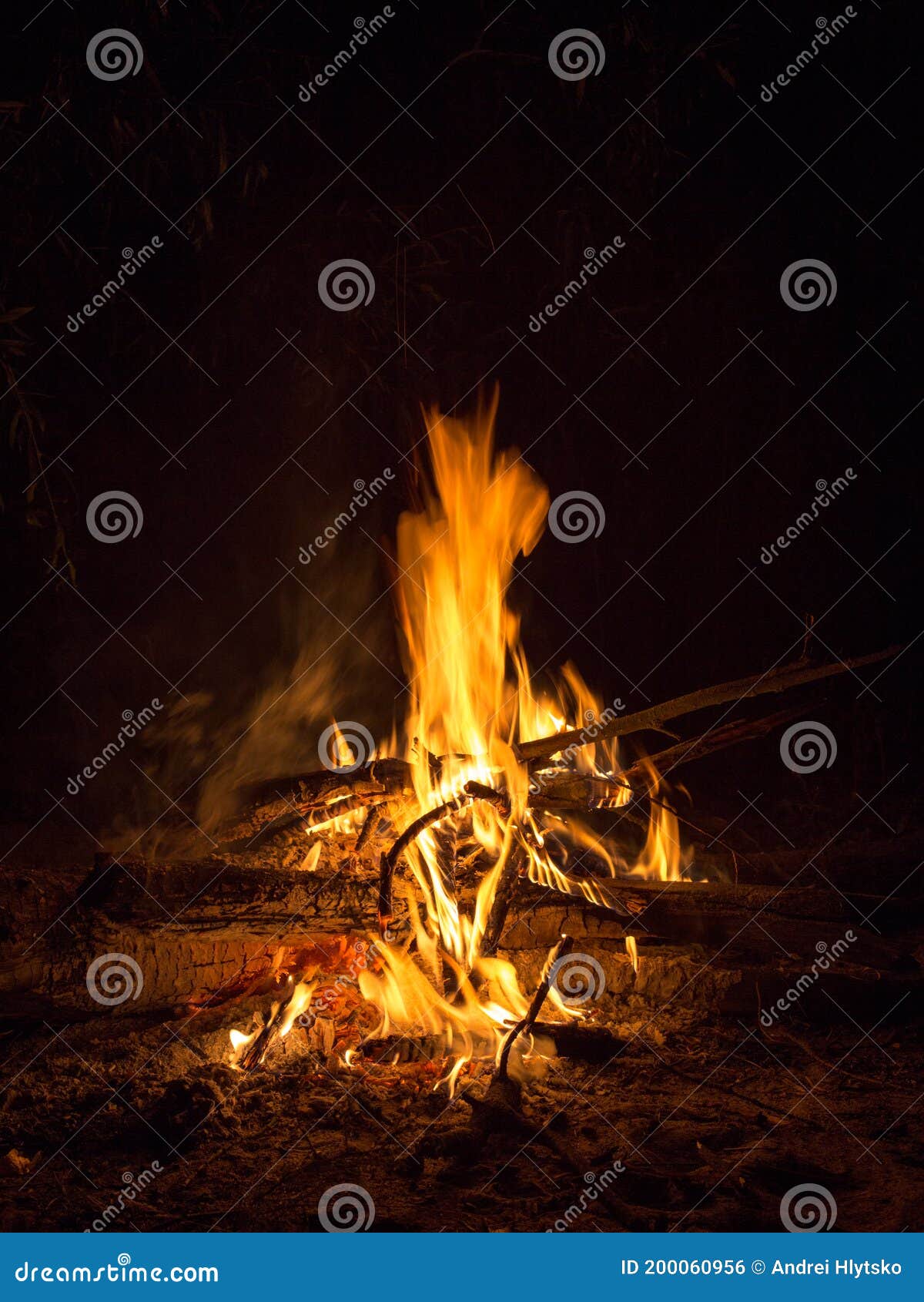 Campfire fire in the night stock photo. Image of fireplace - 200060956