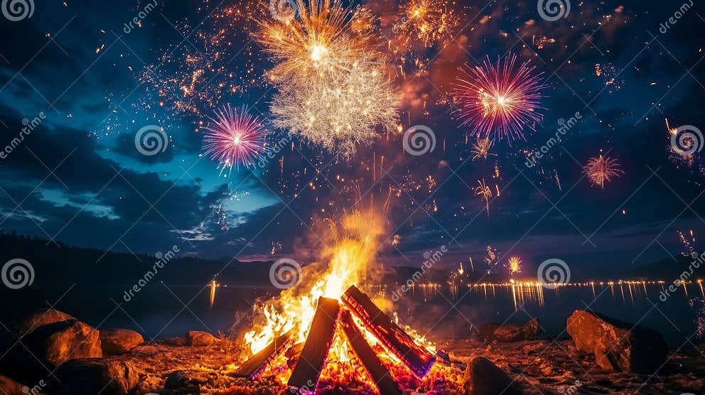 Campfire and Fireworks Display Over a Lake at Night Stock Illustration - Illustration of ...