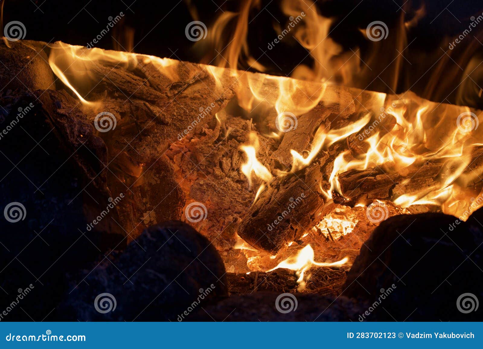 Campfire Flame in the Dark. Visible Flames and Hot Coals Stock Image ...