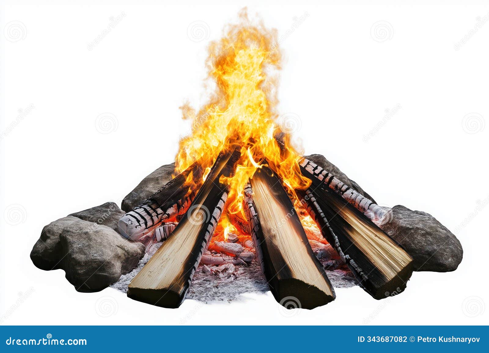 Campfire with Flames Dancing, Warm Glow on Rocks. Logs Burning, Bright ...