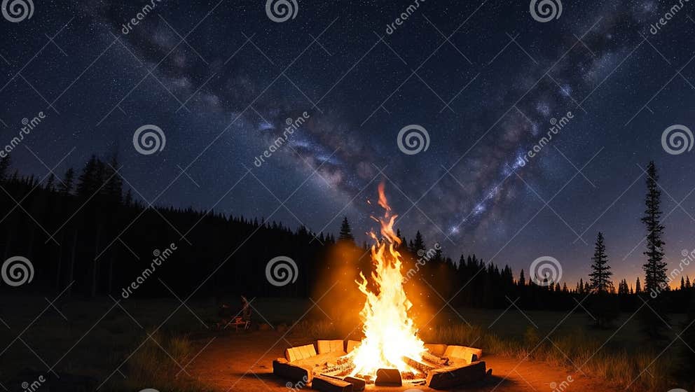 A Campfire Flickering Under a Starry Night Sky in the Wilderness. Stock ...