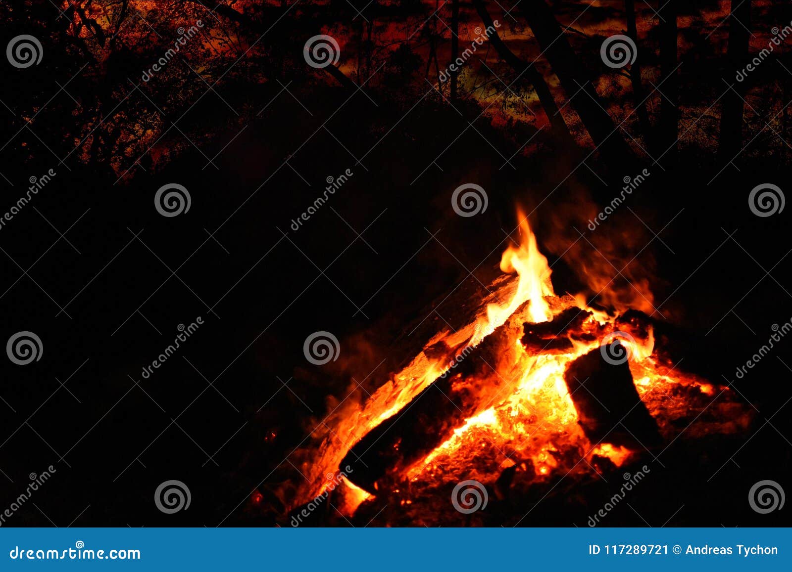 Campfire Foreground Under a Red Night Sky Stock Image - Image of trees ...