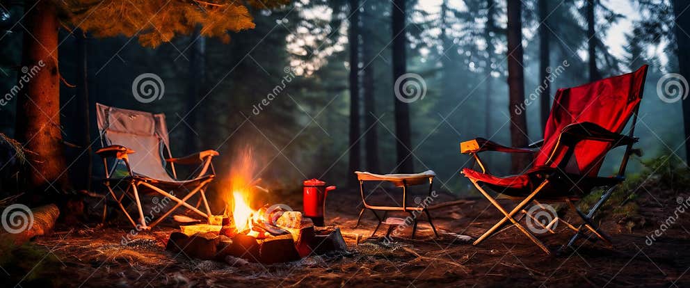 Campfire in Forest Clearing with Empty Camping Chairs Stock Photo ...