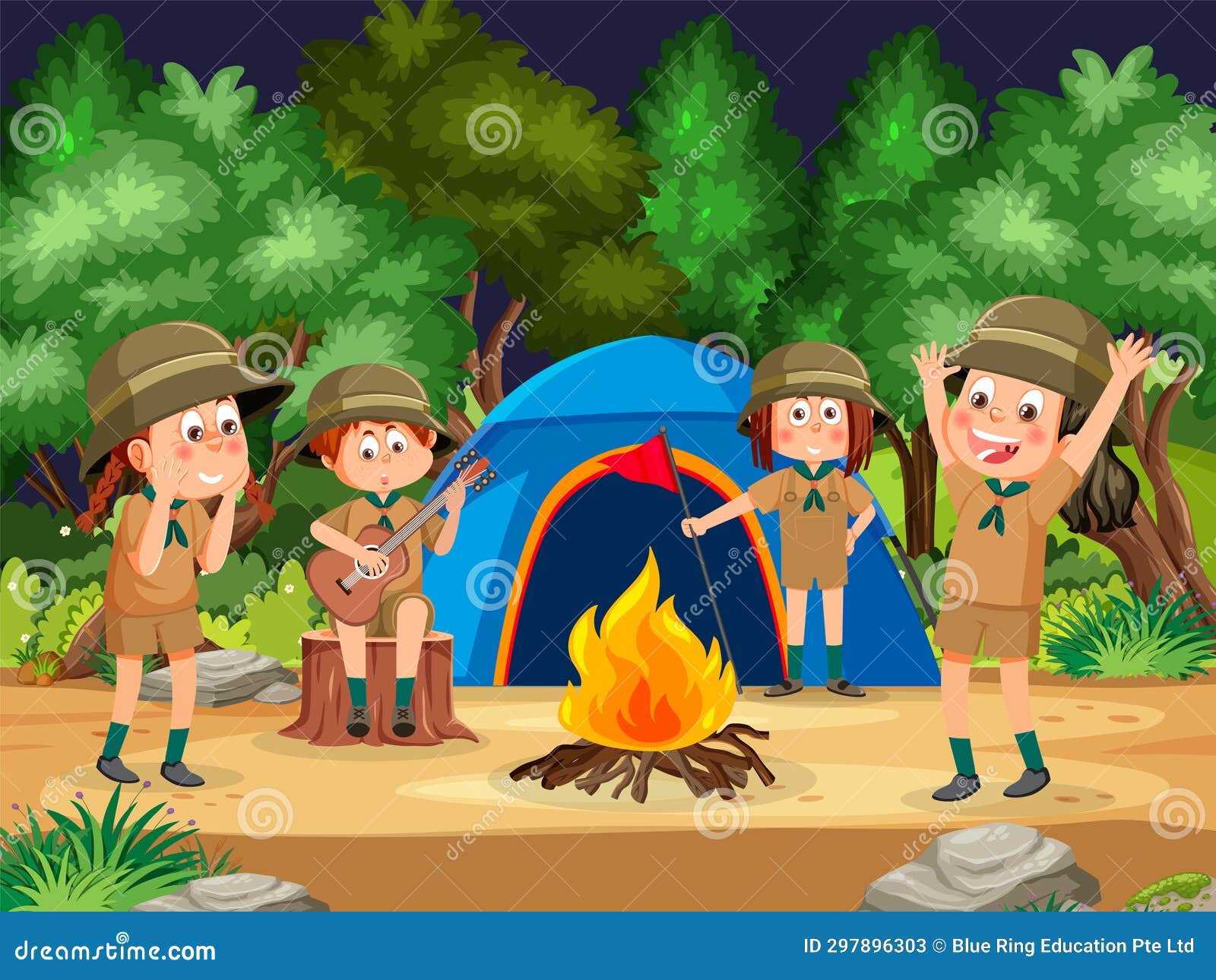 Campfire Fun: Boy and Girl Students in Forest Stock Illustration ...