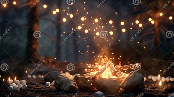 Campfire with Glowing Embers Surrounded by Rocks, Set in a Forest with ...