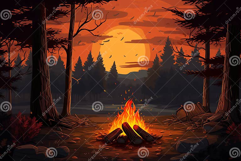 Campfire with Logs Vector Fall Background Stock Illustration ...