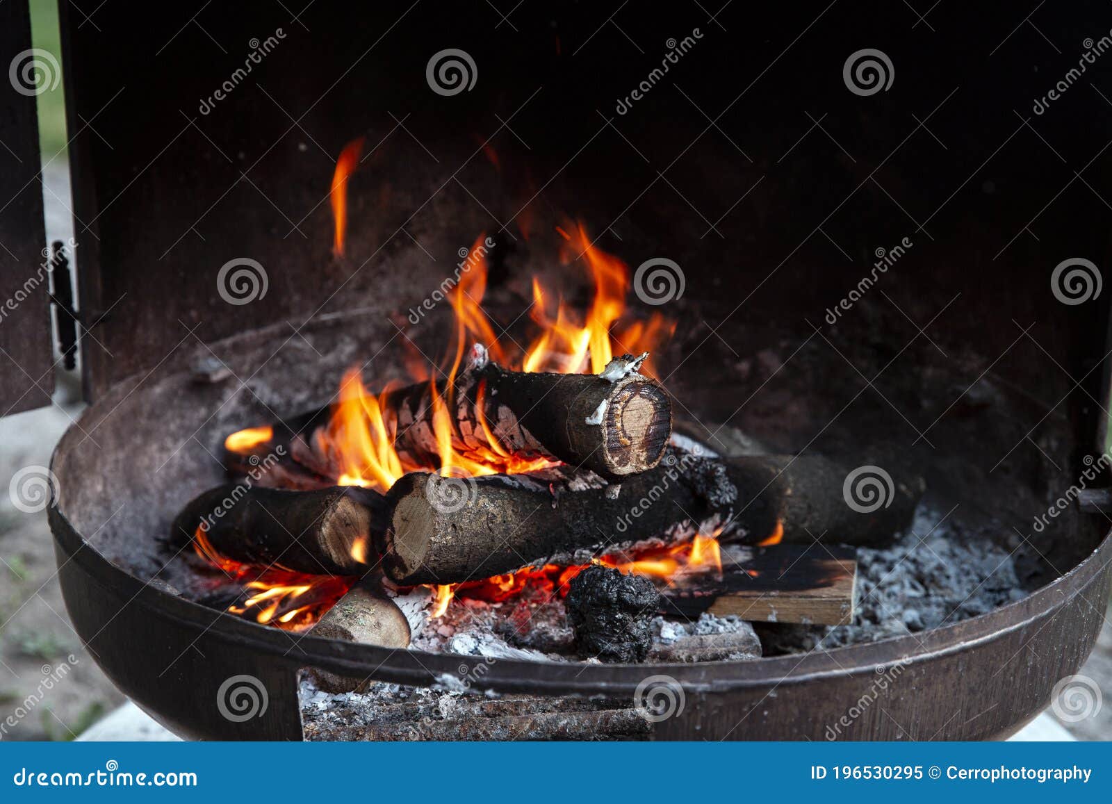 Campfire in Metal Container, Fire Ring Closeup of Burning Logs and ...
