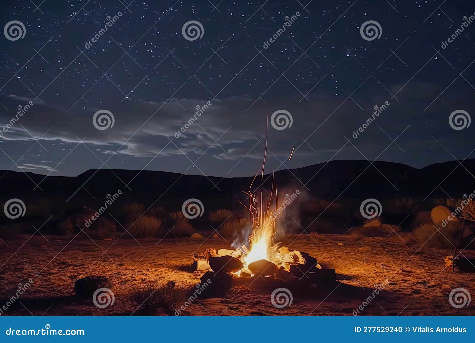 A Campfire Surrounded by Sand Dunes Under a Starry Sky in the Desert ...