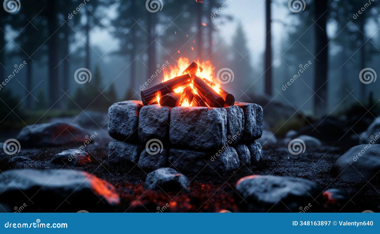 A Campfire in the Middle of a Forest with Rocks Around it Stock Image ...