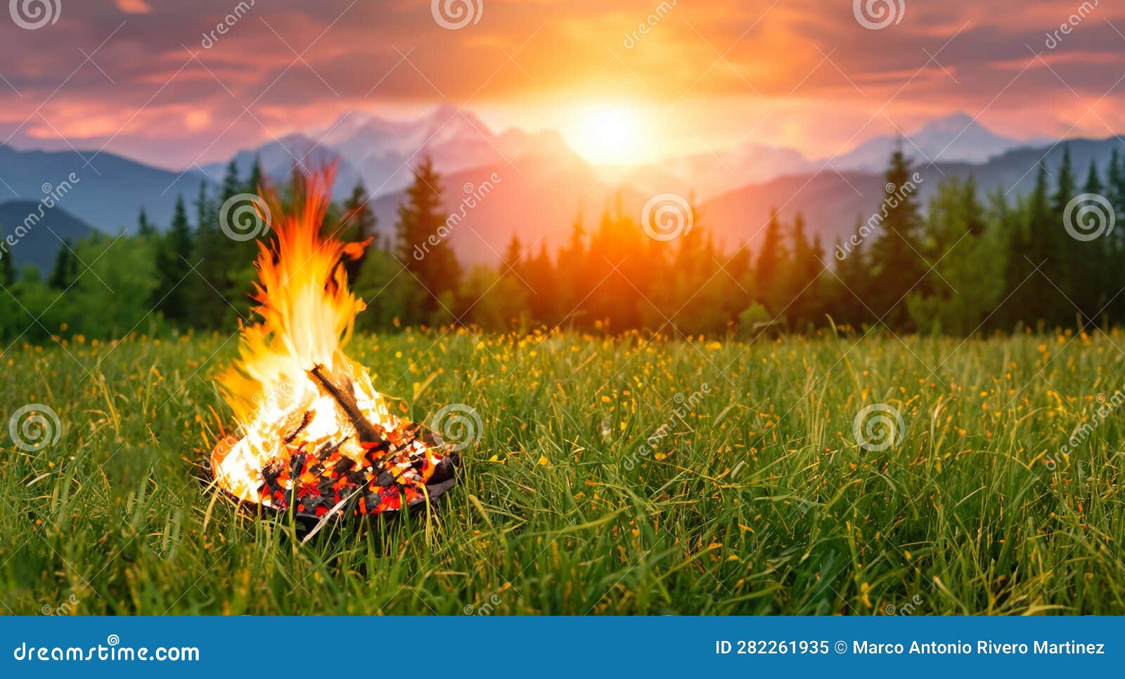 Campfire in the Middle of a Meadow in Spring with Beautiful Mountains ...