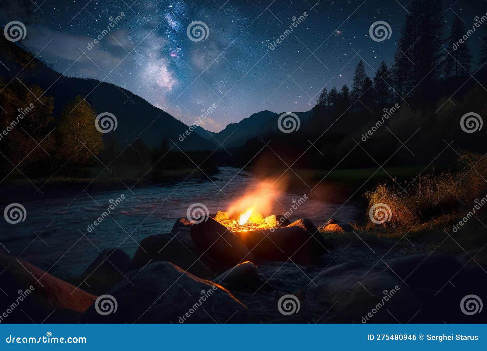 A Campfire in the Middle of a River at Night. AI Generative Image Stock ...
