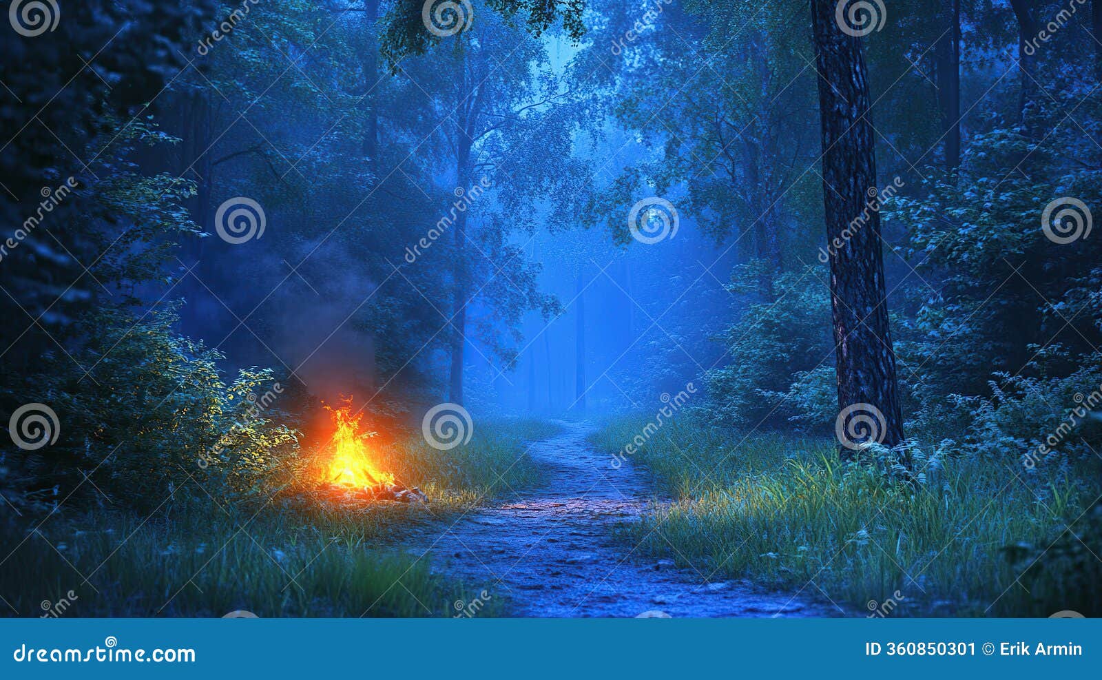 Campfire in a Misty Blue Forest at Night Stock Image - Image of ...