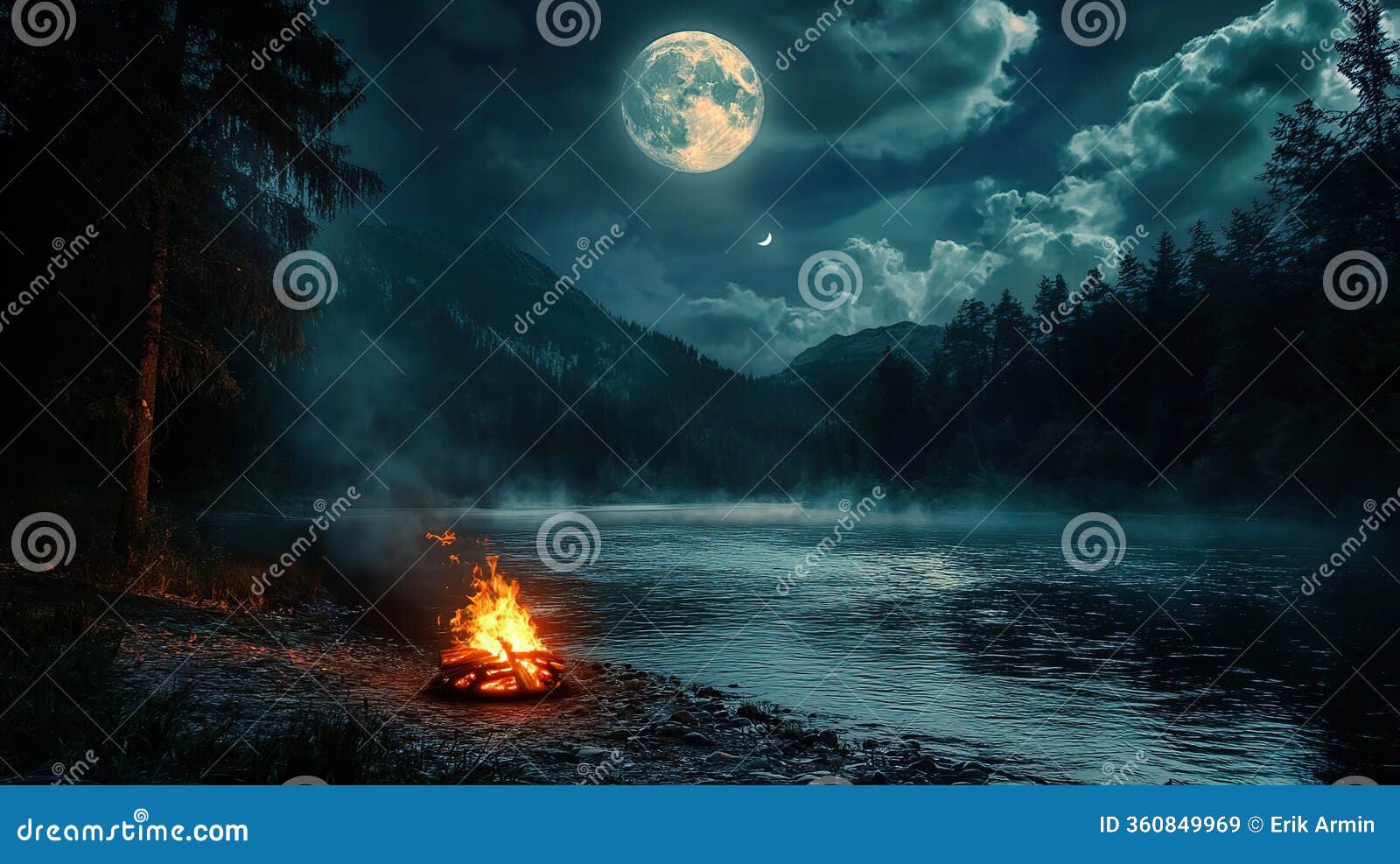 Campfire by Misty River Under Full Moon at Night Stock Image - Image of full, adventurous: 360849969