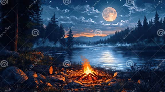 Campfire by Moonlit Lake in Tranquil Forest Stock Image - Image of woods, fire: 360850013