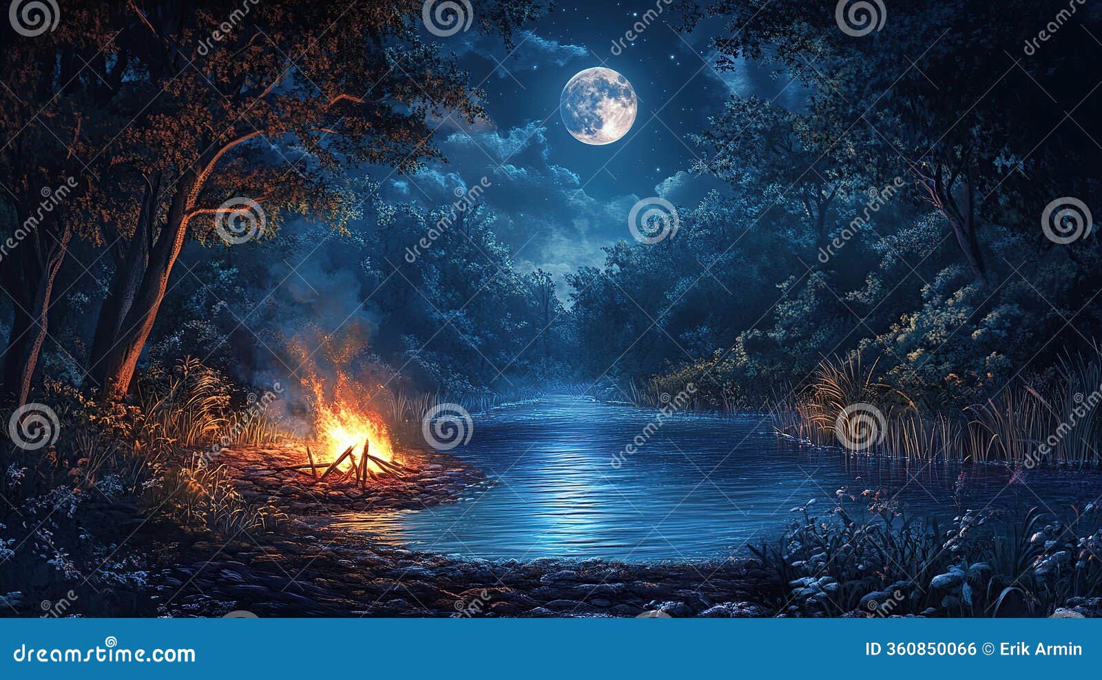 Campfire by Moonlit River in Forest Stock Photo - Image of river ...