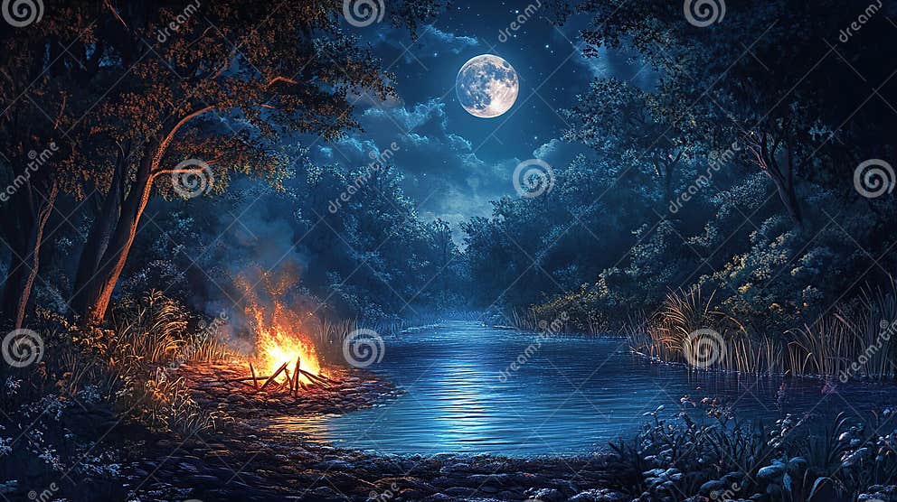 Campfire by Moonlit River in Forest Stock Photo - Image of river ...