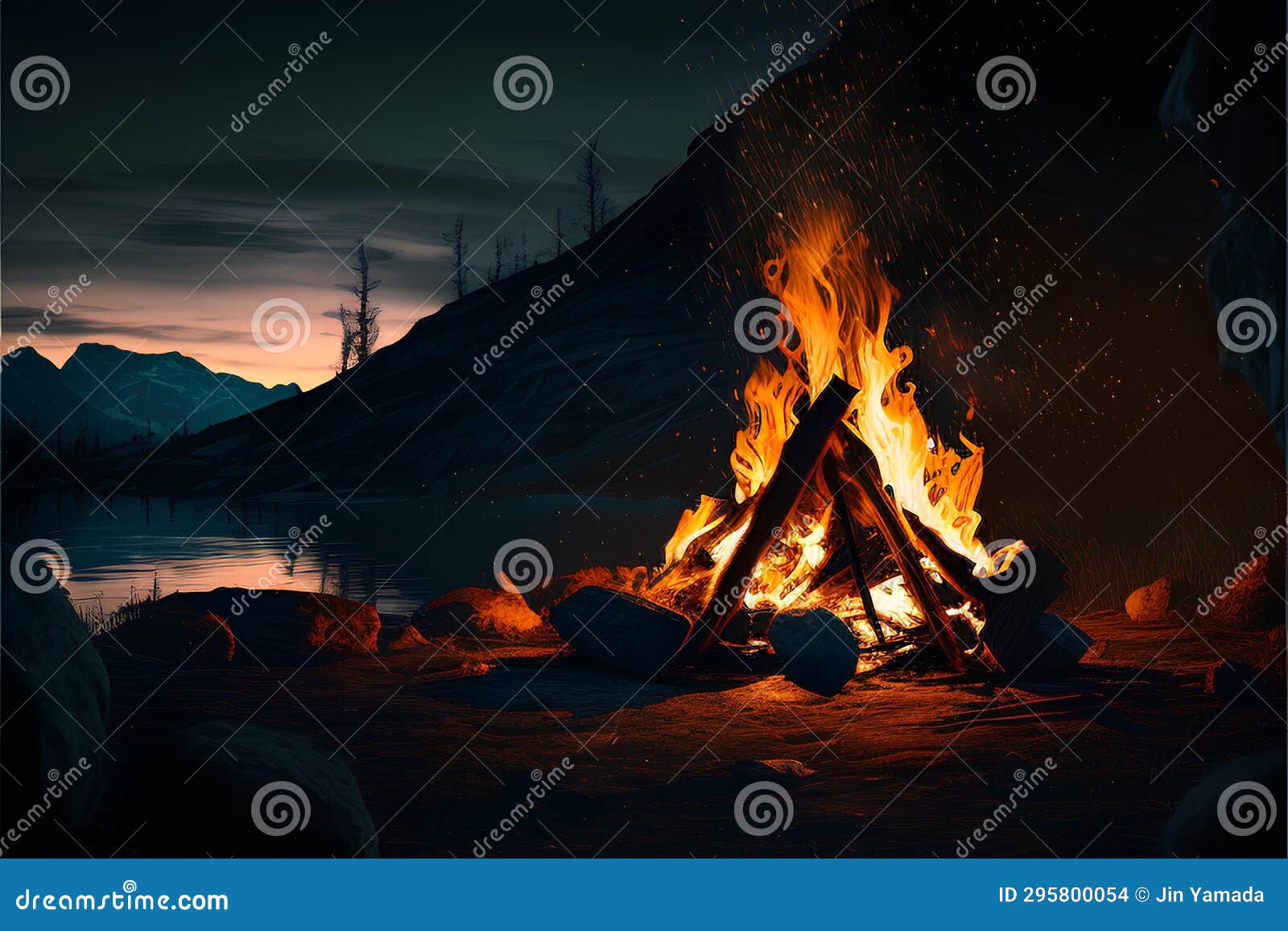 Campfire in the Mountains at Night. 3d Rendering. Computer Digital ...