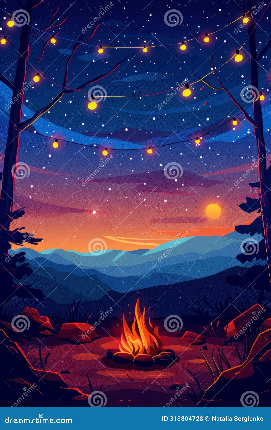Campfire in Mountains at Night with String Lights Stock Illustration ...