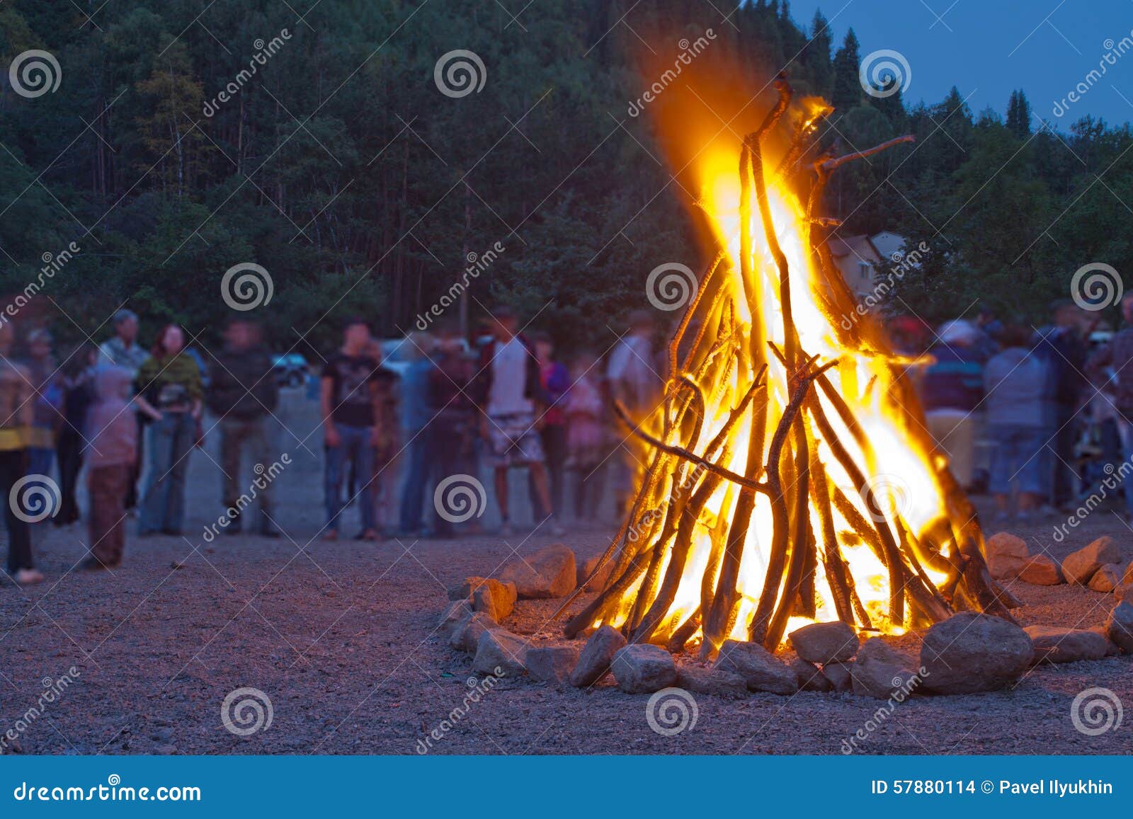 Campfire at the night. stock photo. Image of landscape - 57880114