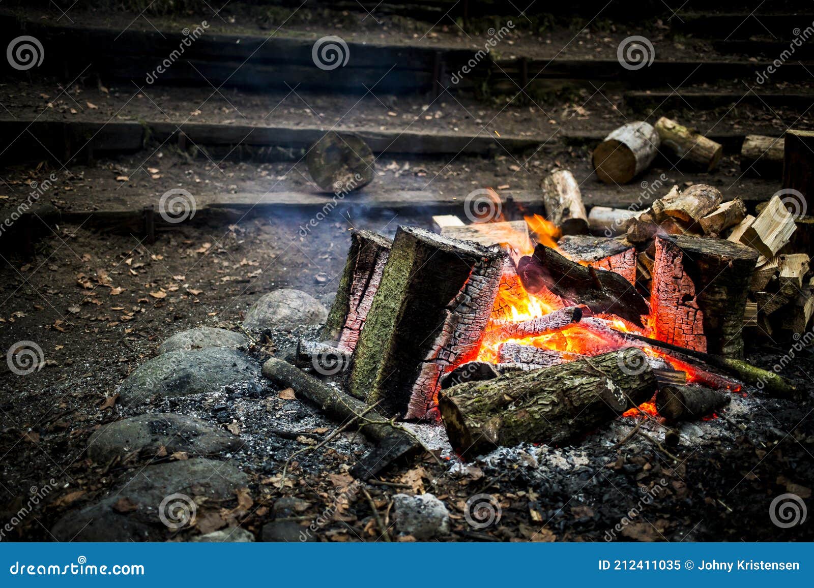 A Campfire Outdoors on a Camp Site Stock Image - Image of night, forest ...