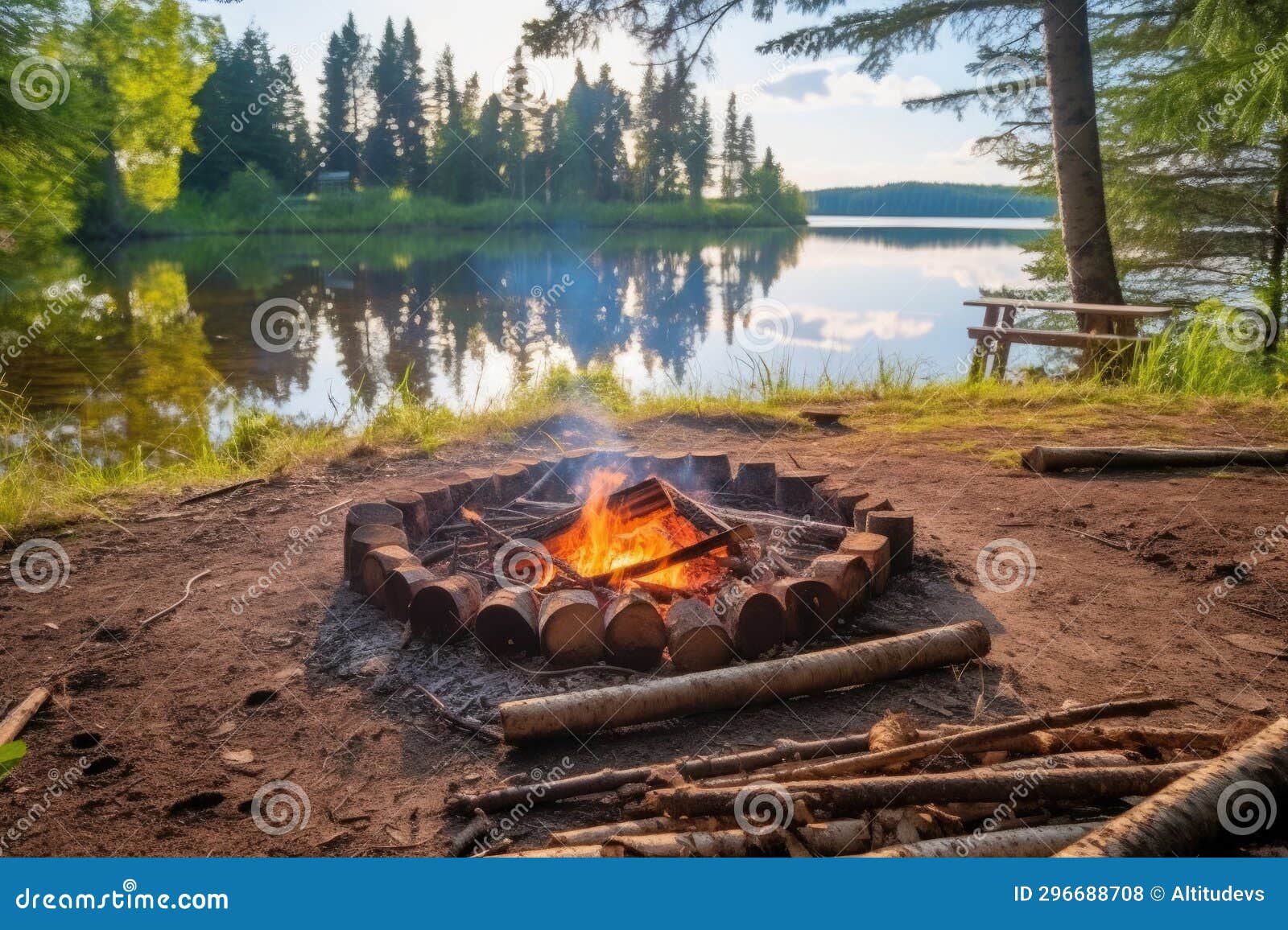 Campfire Rings Near Forest Cabin by a Lake Stock Illustration ...