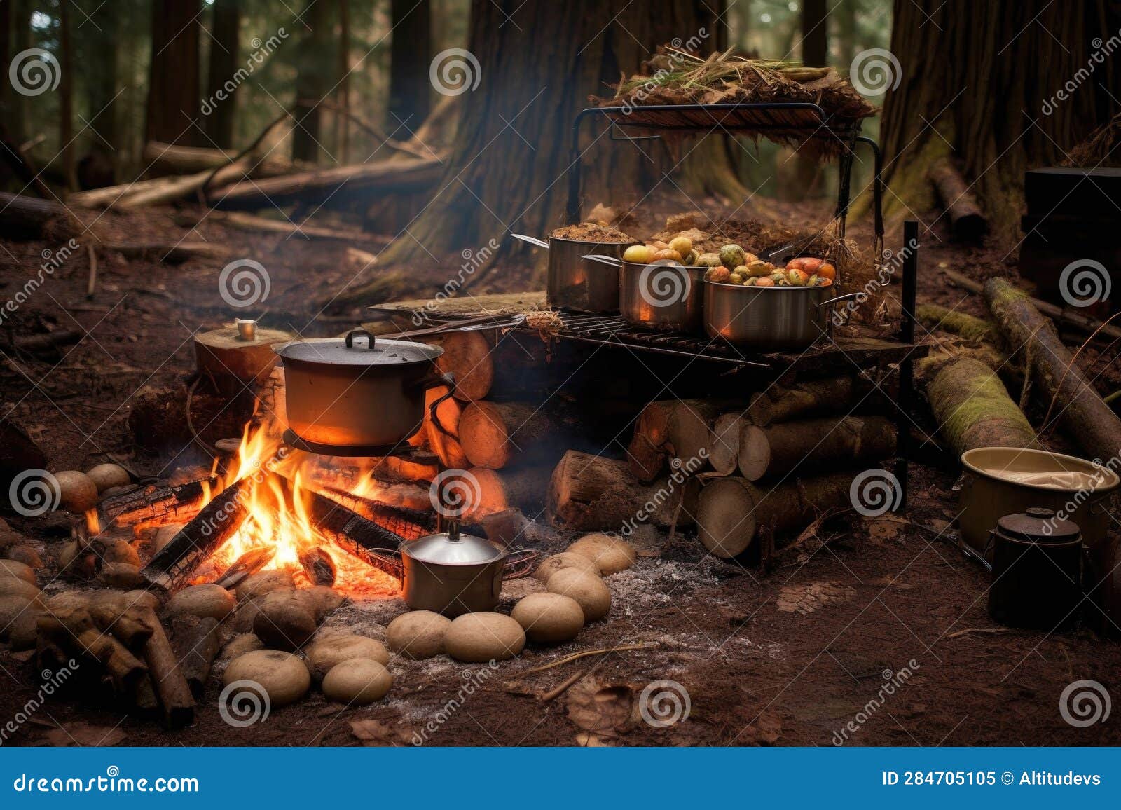 Campfire with Rustic Outdoor Cooking Setup for Cioppino Stock ...