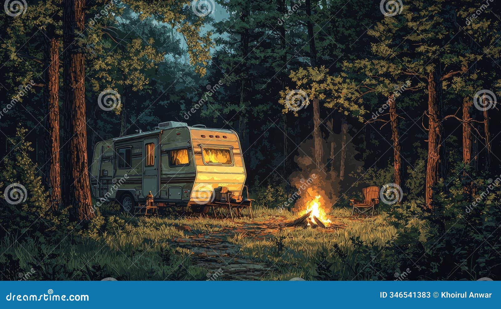 Campfire Scene with a Camper in the Forest Stock Image - Image of ...