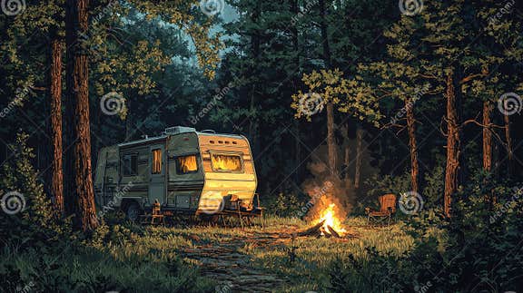 Campfire Scene with a Camper in the Forest Stock Illustration ...