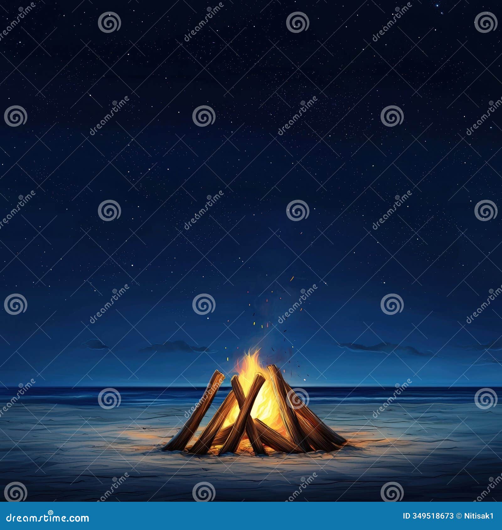 Campfire by the Sea Under Starry Night Sky Stock Illustration ...