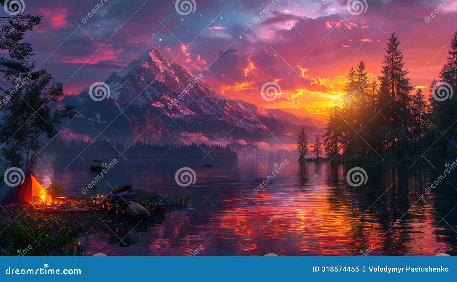 A Campfire is Set Up in a Lake with Mountains in the Background Stock ...