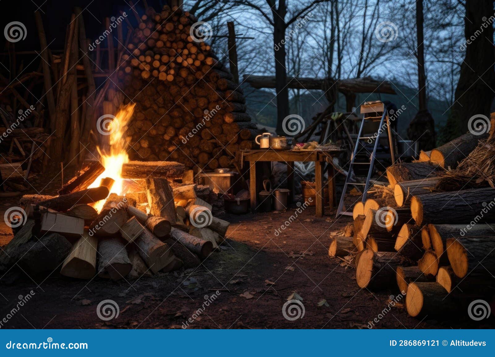 Campfire Setup with Firewood and Kindling Stock Illustration ...