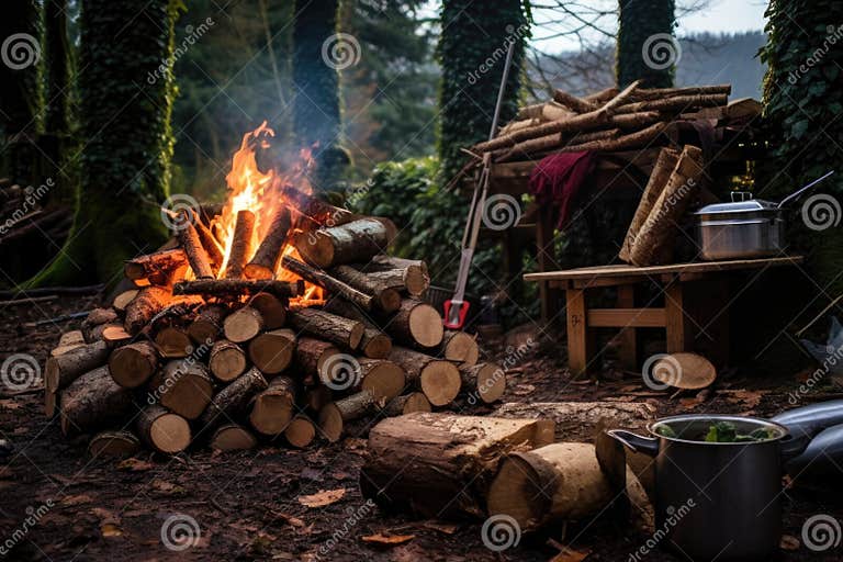 Campfire Setup with Firewood and Kindling Stock Image - Image of nature ...
