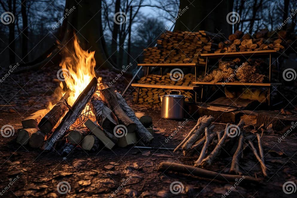 Campfire Setup with Firewood and Kindling Stock Image - Image of ...