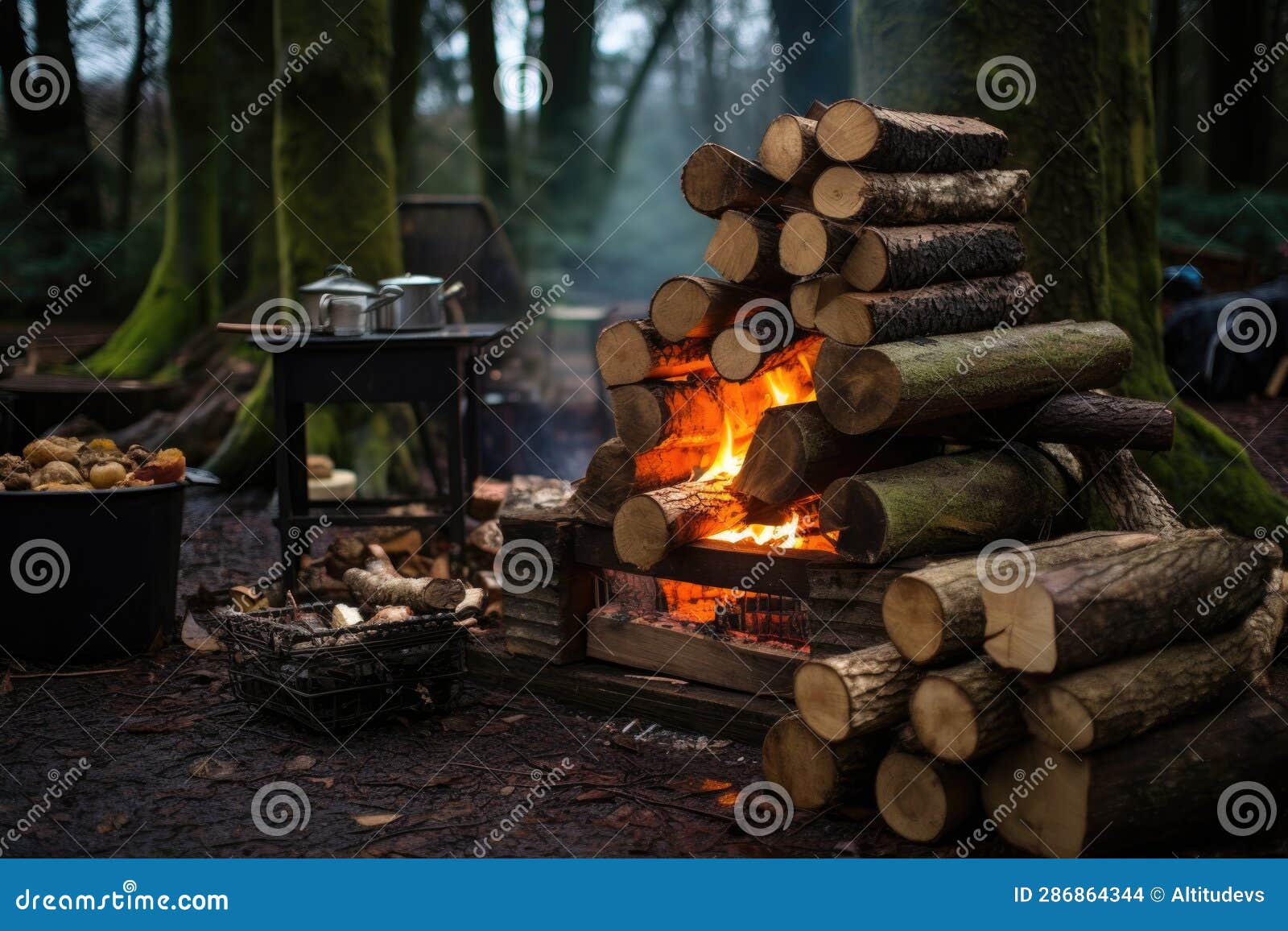 Campfire Setup with Firewood and Kindling Stock Photo - Image of warmth ...