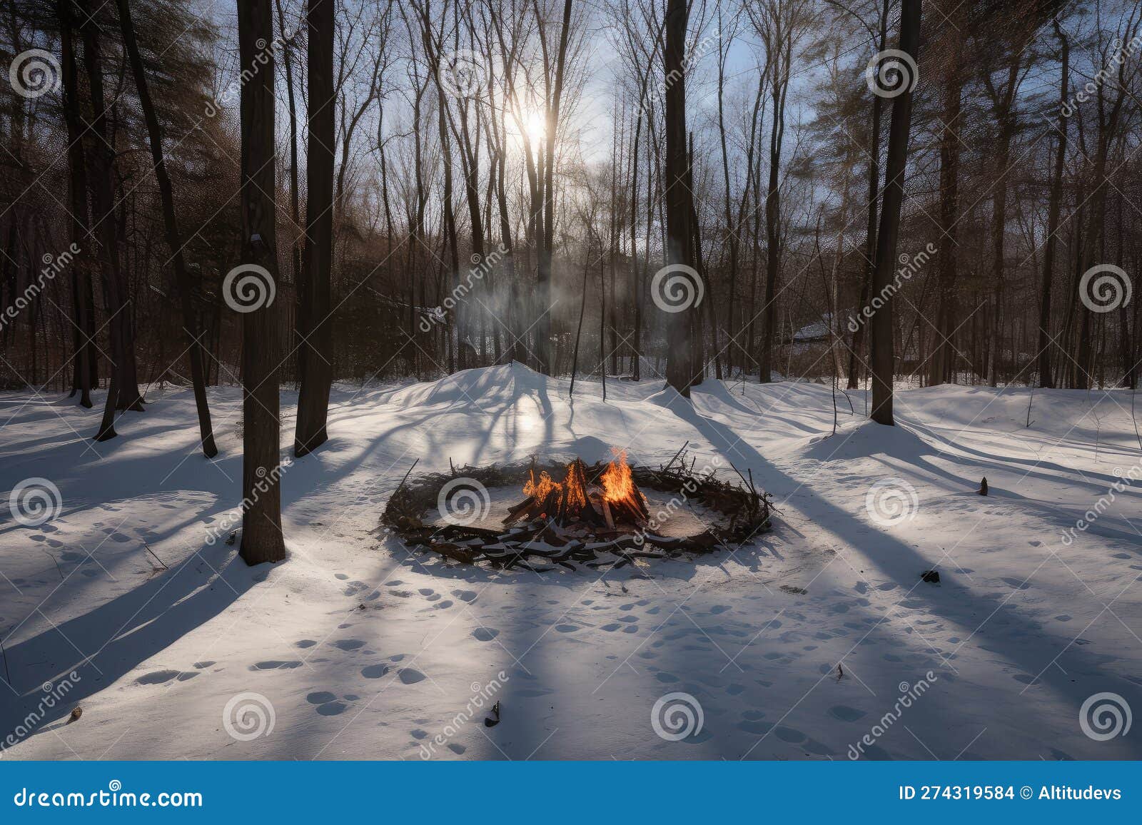 Campfire, with Shadows Dancing on the Snow from the Surrounding Trees ...