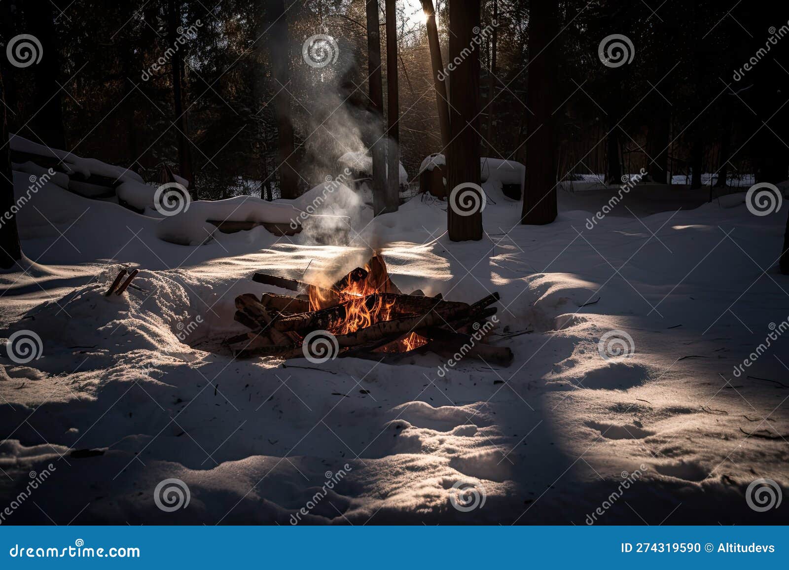 Campfire, with Shadows Dancing on the Snow from the Surrounding Trees ...