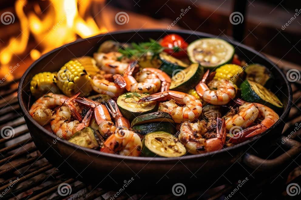 Campfire Shrimp with Assorted Grilled Vegetables Stock Image - Image of ...
