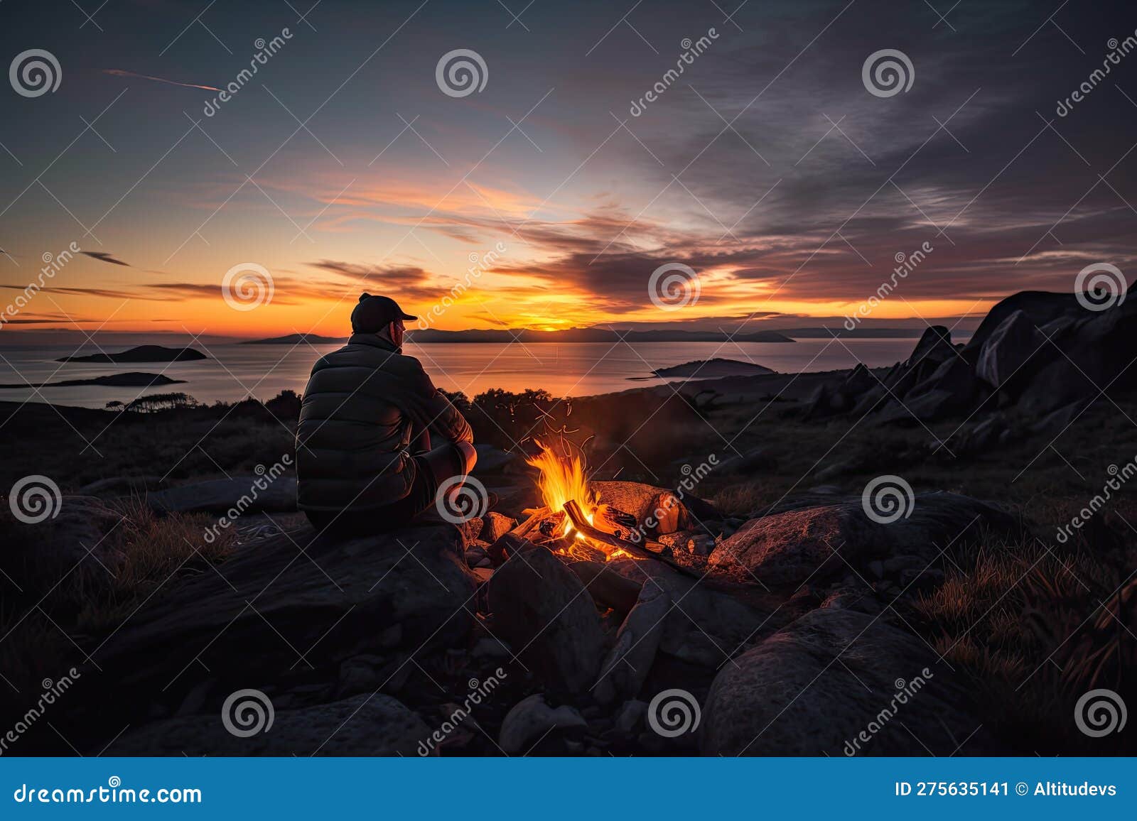 Campfire at Sunset, with Backpacker Enjoying the View Stock ...