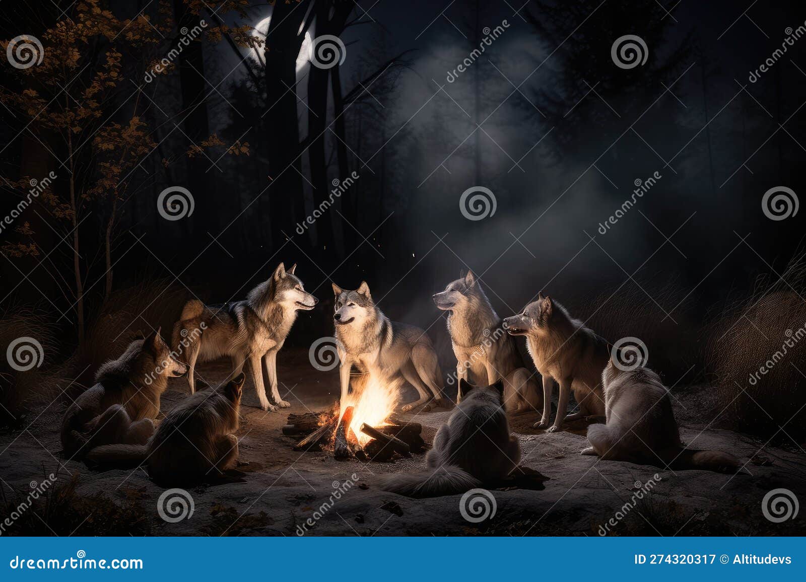 Campfire Surrounded by a Pack of Wolves Howling at the Moon Stock ...