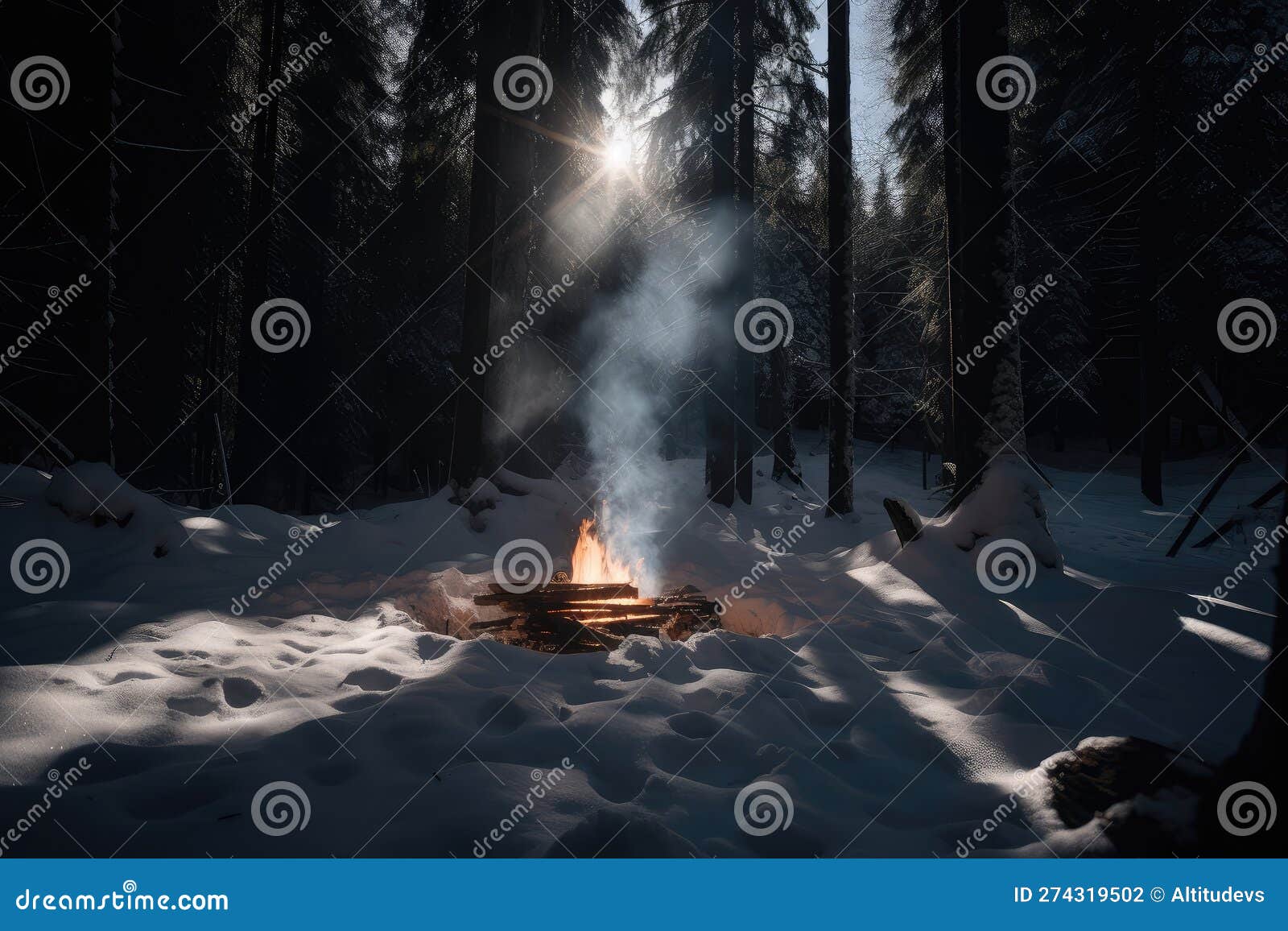 Campfire Surrounded by Shadows of Towering Trees, with Snowflakes Drifting Down Stock Photo ...