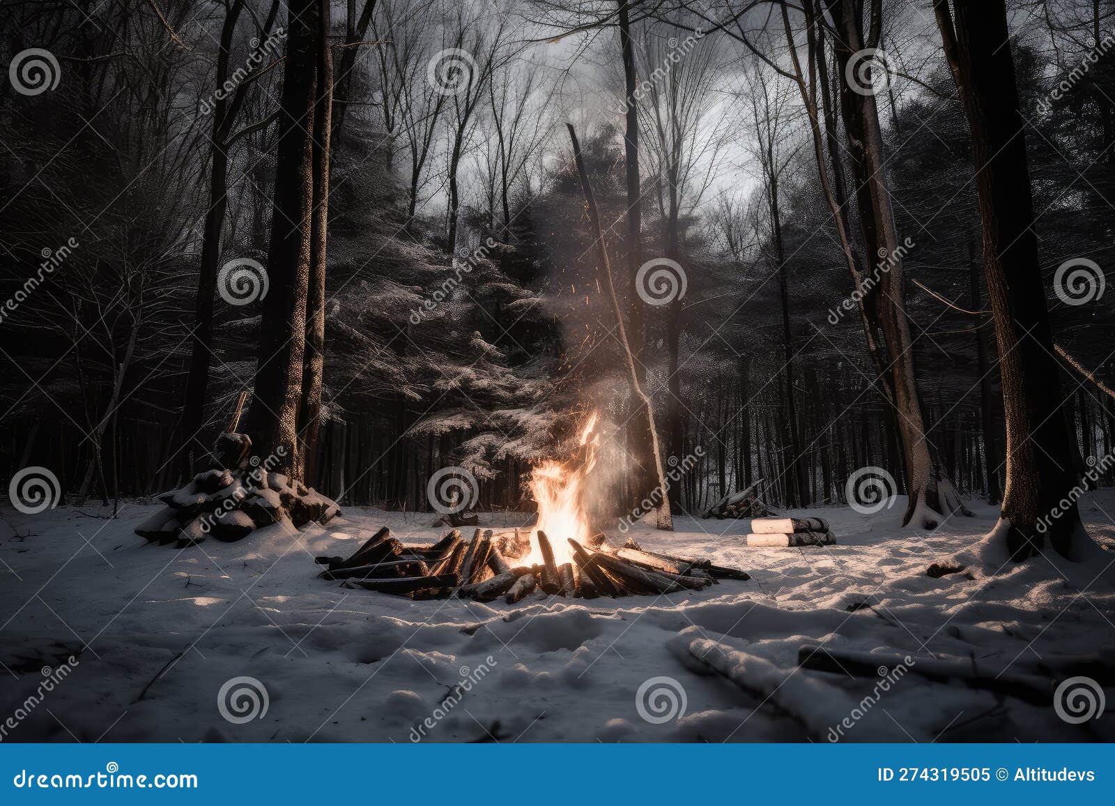 Campfire Surrounded by Shadows of Towering Trees, with Snowflakes ...