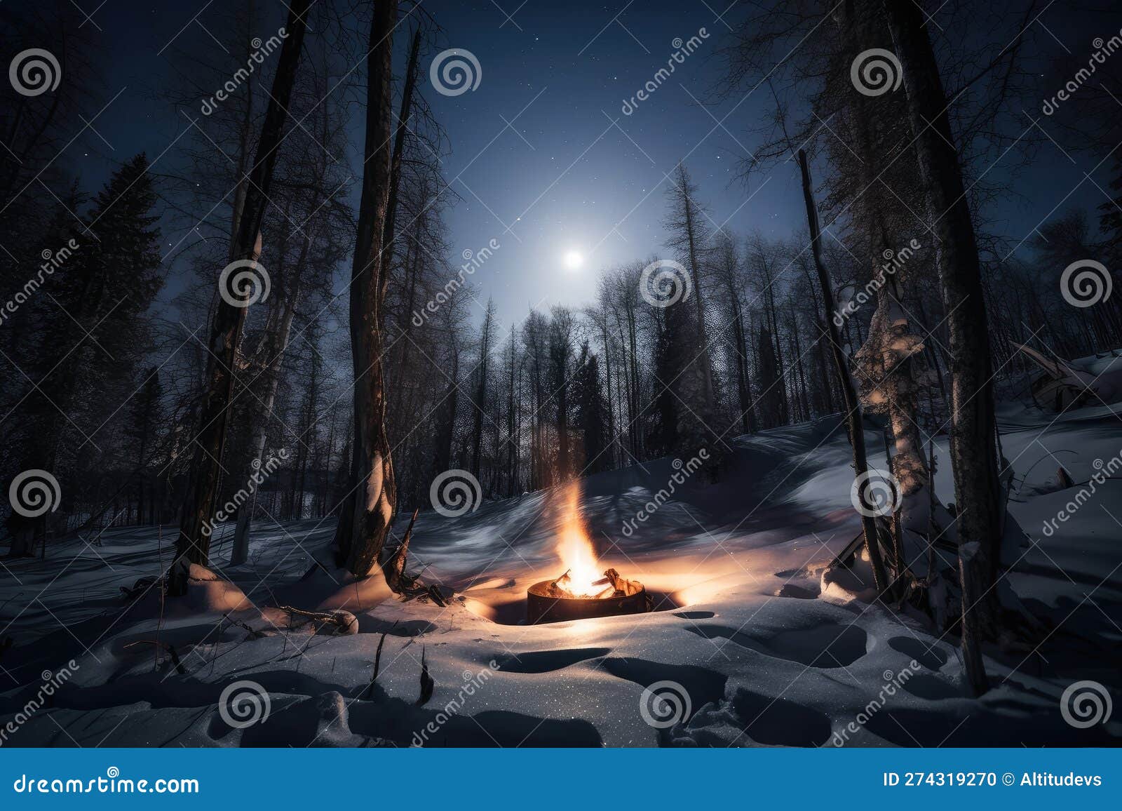 Campfire Surrounded by Snow-covered Trees, with the Moon Shining ...